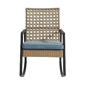 VBSQ Modern Patio Rattan Rocking Chair - Light Brown/Blue Slirr Chair Rocking Chair Rocker Chair Rocker Camp Chair Rocker Recliner Rocking Camp Chair Rocking Chairs Outdoor Rocking Chair