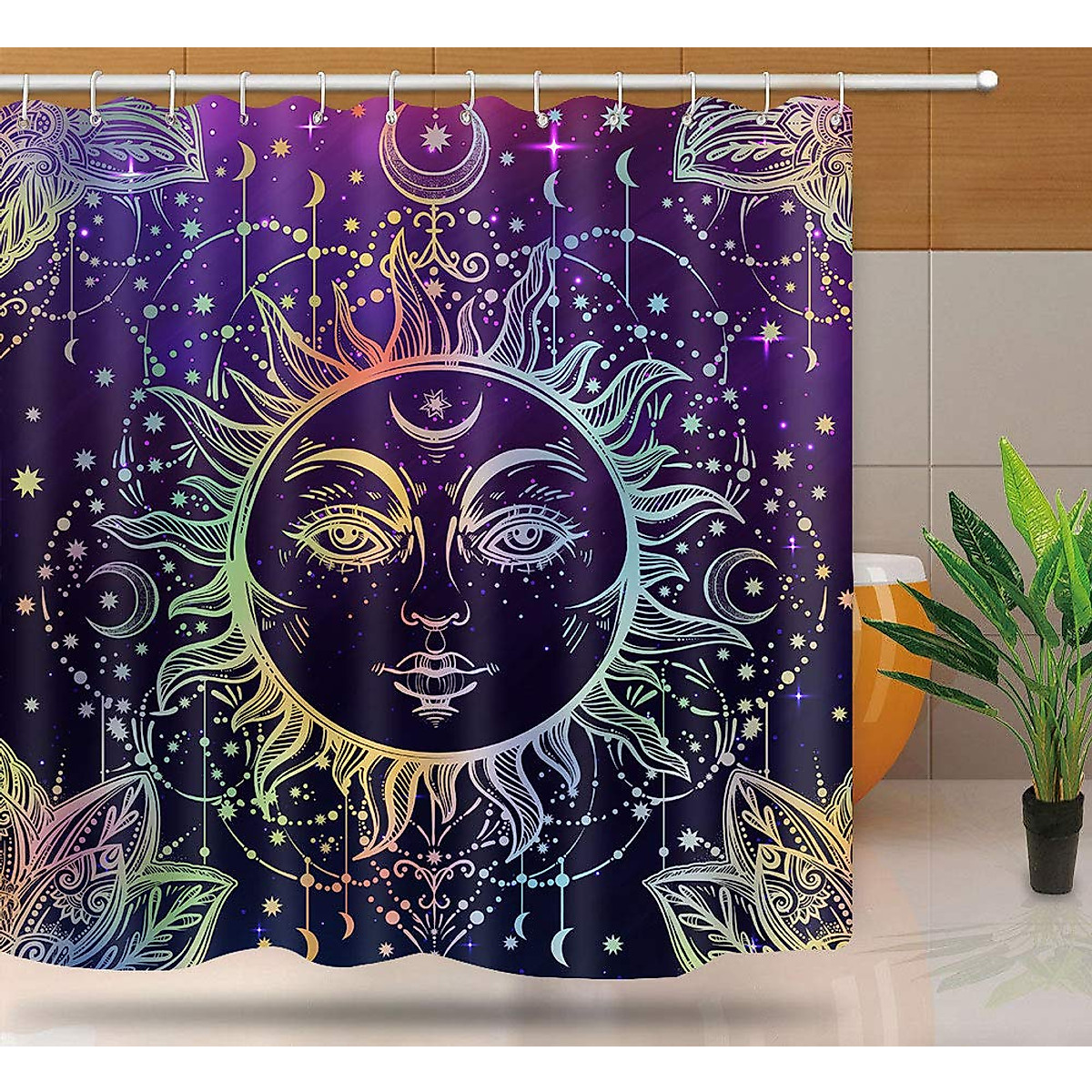 NTETSN Sun Moon Shower Curtain, Burning Sun with Star Psychedelic Theme Bath Curtain, Washable Upgrade Polyester Fabric for Bathroom Set with Hooks, Purple YLYYNT7-60(6072)