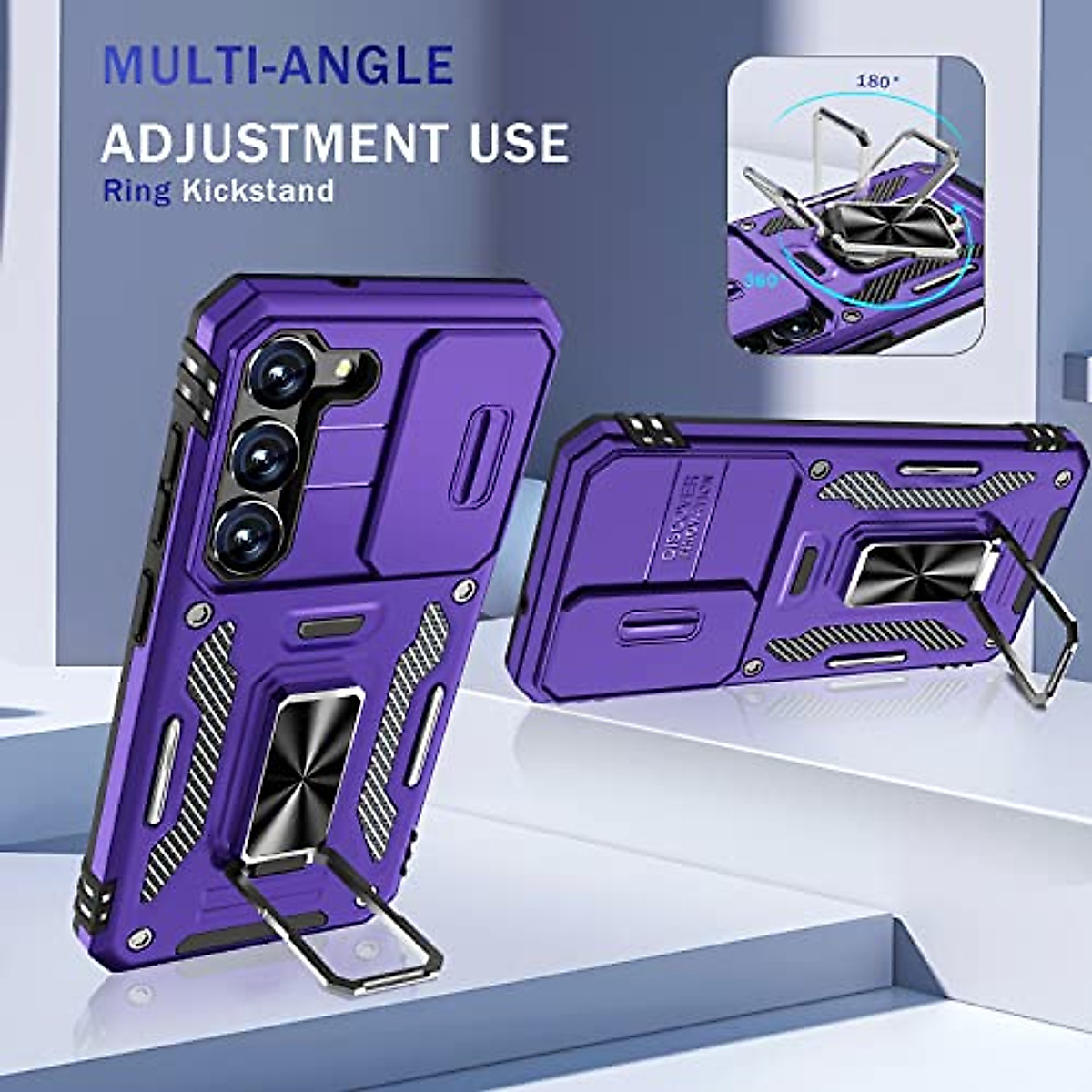 BaHaHoues for Samsung Galaxy S23 Case with Slide Camera Cover for Samsung S23 Case with 360° Rotatable Magnetic Kickstand Ring, Military Grade Shockproof Protective Case for Galaxy S23 5G (Purple)