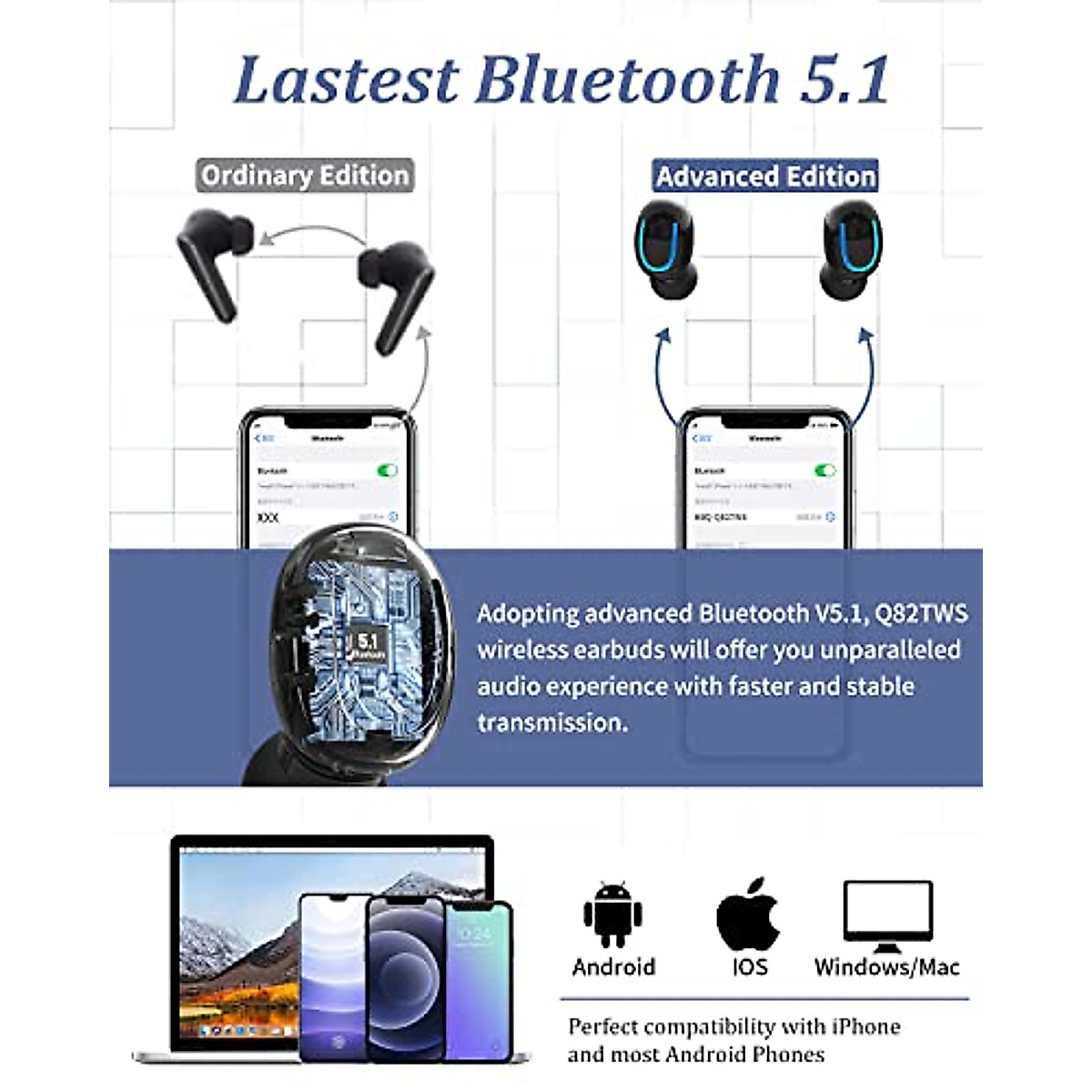 Wireless Earbuds, Bluetooth 5.1 Headphones Wireless Immersive Bass Sound in-Ear Headphones with Noise Cancellation Mic, Waterproof Bluetooth Earphone with Charging Case for Work, Sports (Black)