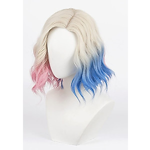 NiceLisa Blonde Short Wave Curly Enid Sinclair Wigs with Pink Blue Hair Women Girls Modern Anime Cosplay Wig Daily Wear Wigs