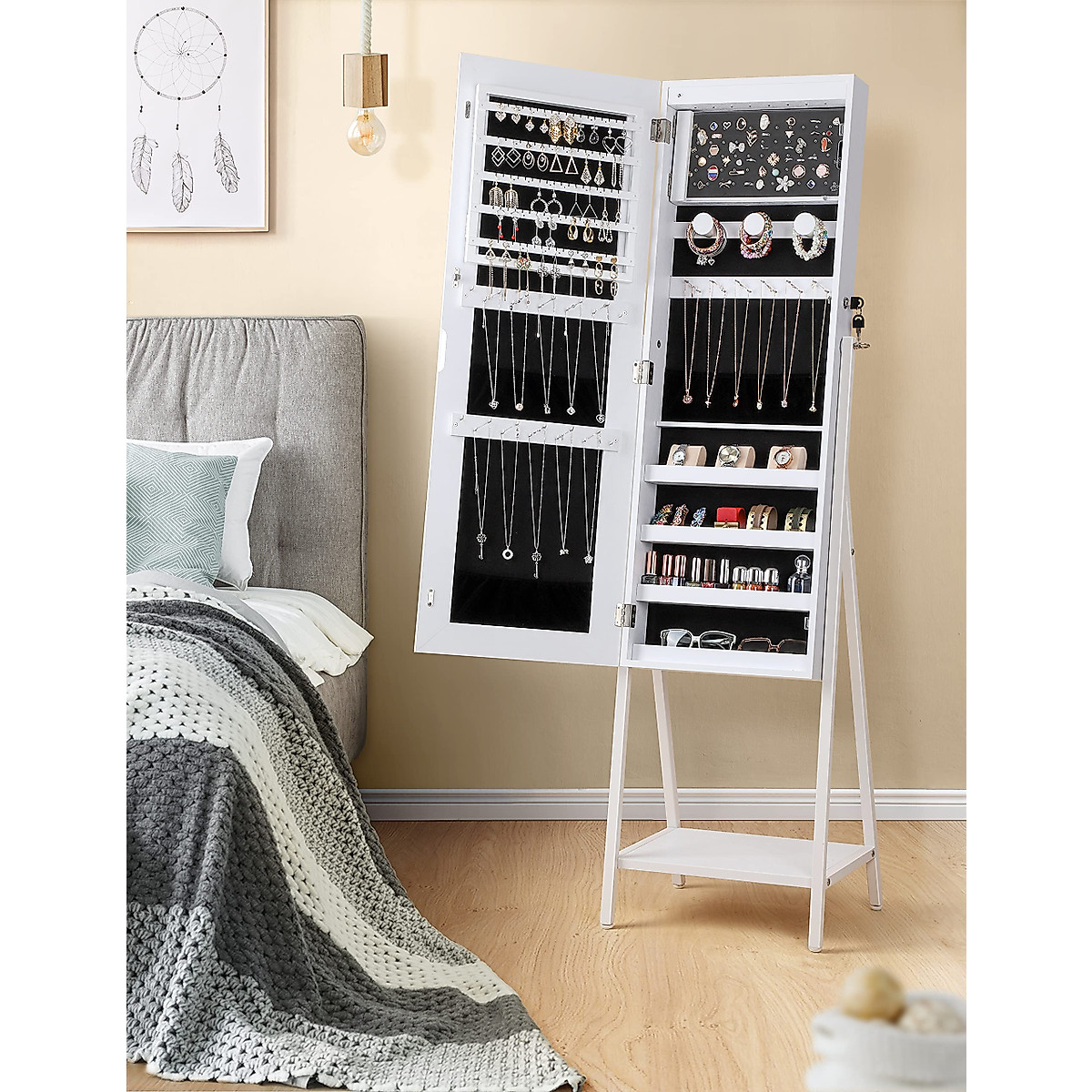 Nicetree 8 LEDs Standing Jewelry Mirror Cabinet, Full Length Mirror and Jewelry Storage All in One, Superior Storage Capacity Jewelry Armoire Stand Up Mirror (White)