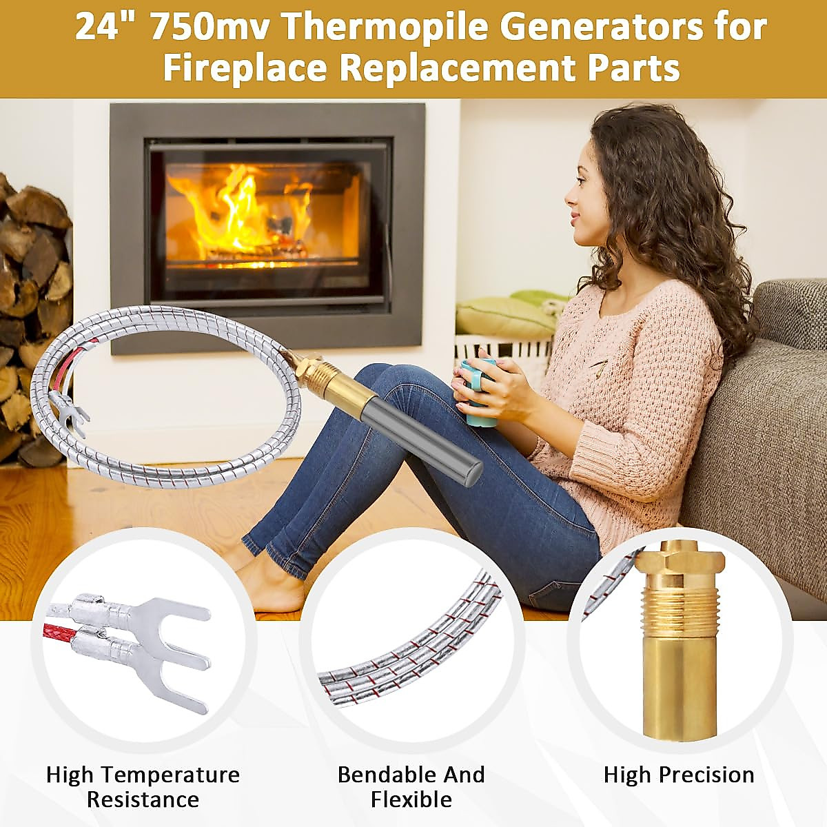 24" 750mv Thermopile Generators 750 Millivolt Thermopile Replacement Part Number R1054,1950-001,071515,53374,7533113 for Gas FirePlace/Water Heater/Gas Fryer Cluster Thermocouple,Stove Accessories