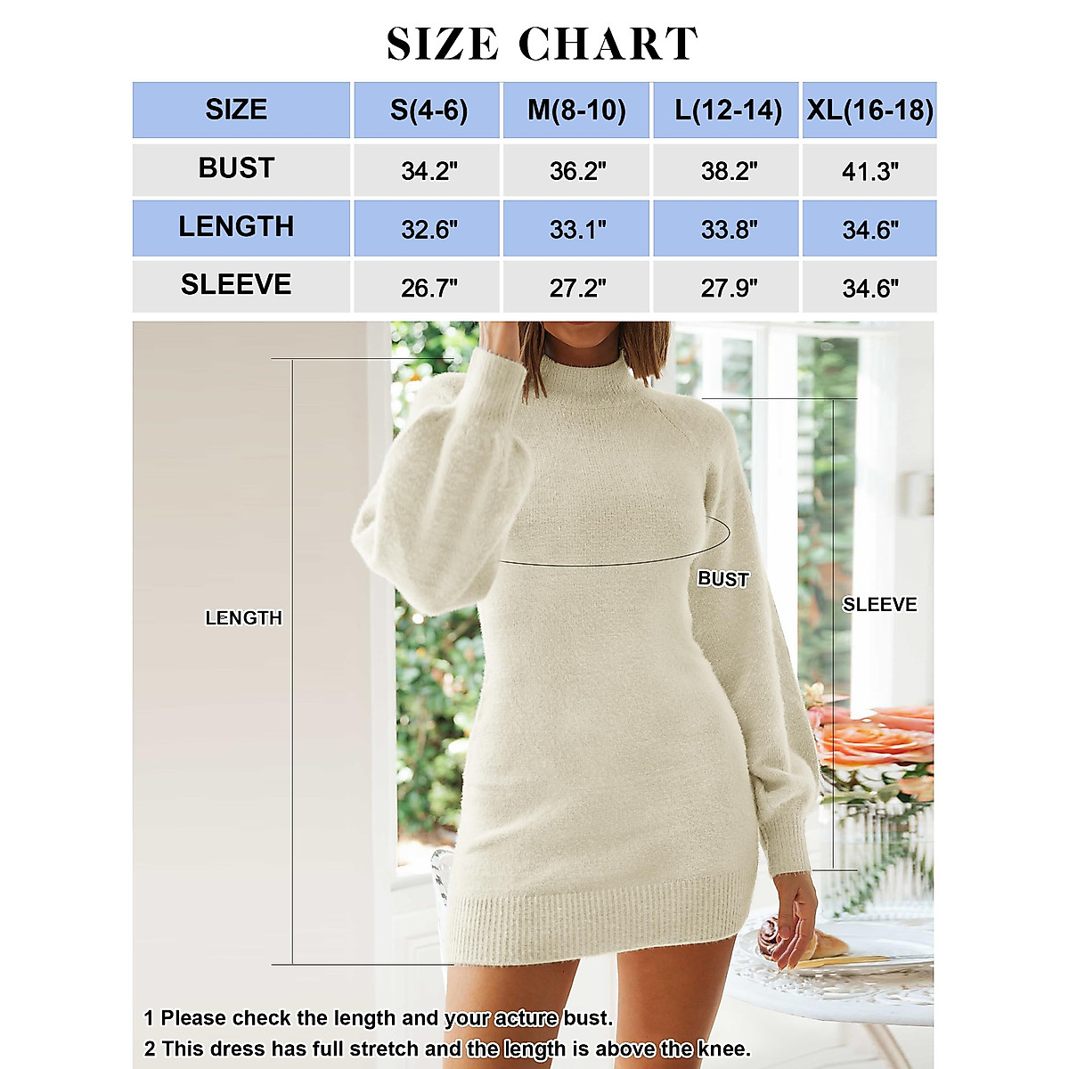 ZESICA Women's 2024 Casual Turtleneck Long Puff Sleeve Soft Fuzzy Knit Bodycon Pullover Mini Sweater Dress,Apricot,Large