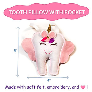 Tooth Fairy Pillow for Girls, Fun Tooth Fairy Kit Includes (1) Unicorn Tooth Fairy Pouch with Door Hanger, (4) Money Stickers, Fairy Glitter Dust, (8) Magical Toothfairy Notes and Fun Receipts
