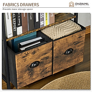 oneinmil 5-Tier Bookshelf with 2 Storage Drawers, Industrial Display Standing Shelf, Rustic Wood Storage Shelf with Metal Frame, Open Bookcases for Living Room, Bedroom, Home Office (Brown)