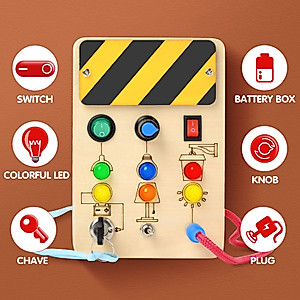 POLKRANE Busy Board with LED Light, Sensory Toys for Toddlers 1-3, Montessori Toys with Toggle Switch, Travel Toys for Educational Toddler Activities for 1 2 3 4 Year Old Boys & Girls