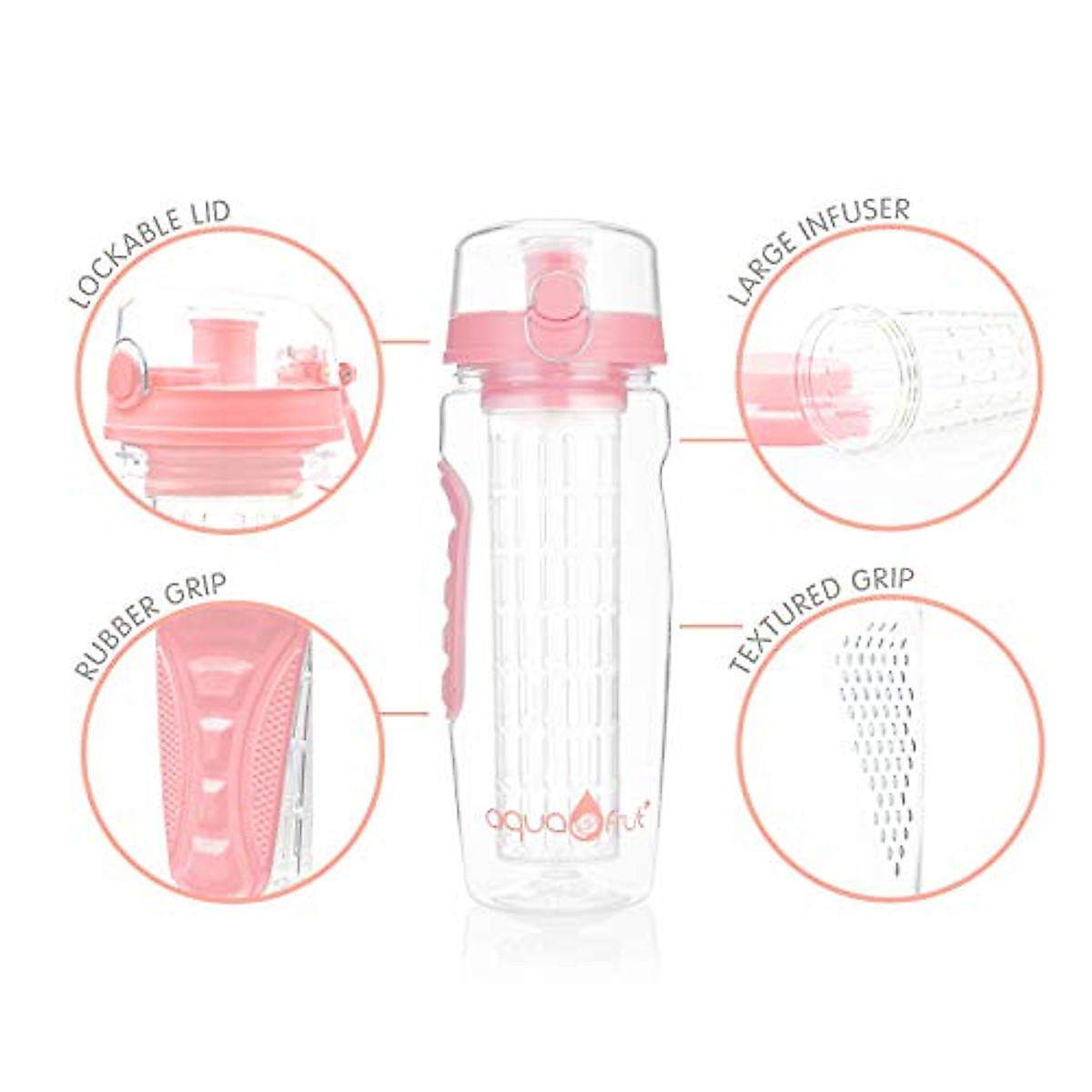 AquaFrut 32 OZ Fruit Infuser Water Bottle BPA-Free Fruit Infusion Sports Bottle - Flip Top Lid w Drinking Spout, Leak Proof, Made of Durable Tritan. Free Recipe eBook! (Rose)