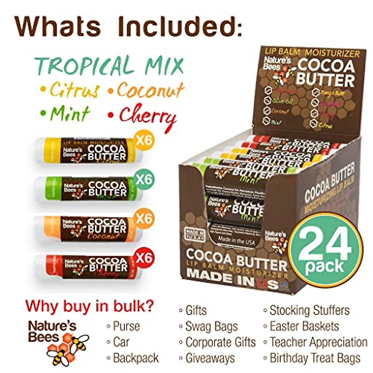 Nature's Bees 24 Pack Cocoa Butter Lip Balm Tubes Moisturizer Chap Treatment (Tropical 4 Flavors, 6 of Each)