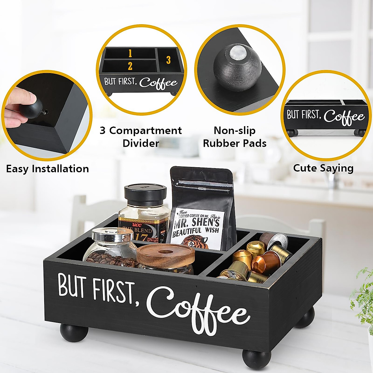 MEMOORIAL Wooden Coffee Station Organizer with 4 Round Legs, Coffee Bar Accessories Organizer for Countertop, Coffee Pods Holder Basket, Coffee Tea Bag Cup Lid Storage Box for Coffee Lover, Black…