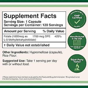 Methylfolate 1,000mcg, 120 Capsules (Third Party Tested Methyl Folate Supplement) Methylated Folate is a More Active Form of Folate Than Folic Acid (Non-GMO, Vegan Safe) by Double Wood