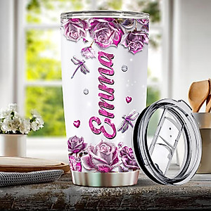 WONWIX Personalized Dragonfly Coffee Mug Cups Gifts For Women Unique Mom, Purple Dragonflies Water Bottle Mothers Day Birthday Christmas Valentine 20oz Stainless Steel Thermos Tumbler Cup With Lid