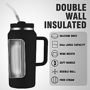 PlanetFlame 64oz Insulated Tumbler with Handle, Stainless Steel Double Wall Vacuumn Water Bottle, Lid and Straw for School, Gym, Hiking & Camping, Black
