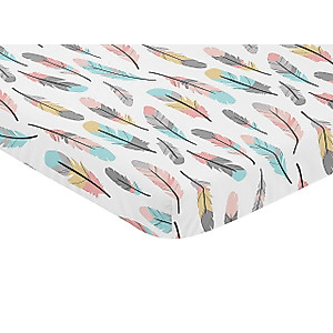 Sweet Jojo Designs Coral and Turquoise Baby Girl Fitted Mini Portable Crib Sheet for Feather Collection - for Mini Crib or Pack and Play ONLY
