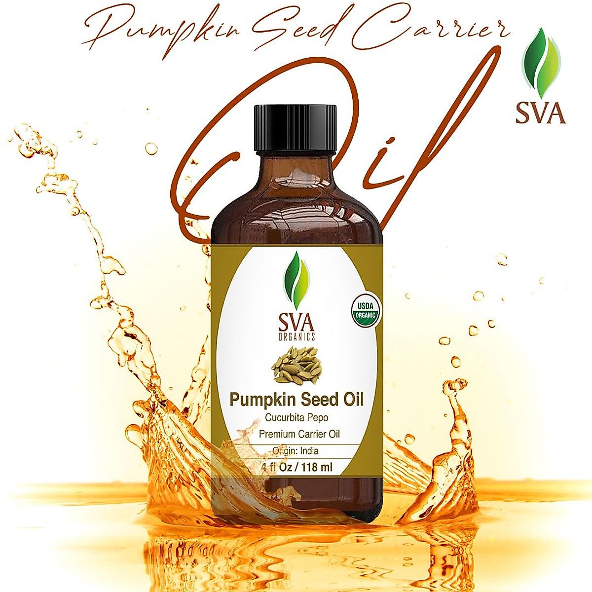 SVA Pumpkin Seed Oil Organic - 4 Fl Oz – 100% Natural Cold Pressed Organic Pumpkin Oil - for Face, Skin Care, Hair Care, Scalp Massage & Body Massage – Carrier Oil with Dropper