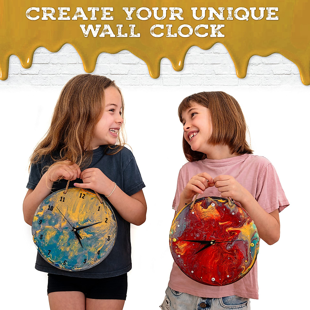 ROMI'S WAY DIY Clock kit w Round Wood, Acrylic Pouring Paint, Clock Mechanism – Kids Painting kit - Clock Kits for Do It Yourself - Unique Boys & Girls Arts and Crafts for Kids Ages 8-12 6-8 and up