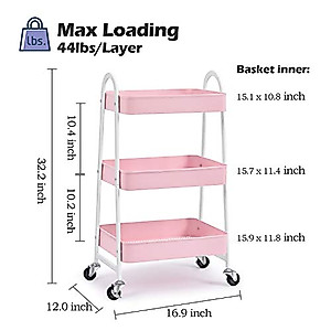 3-Tier Utility Rolling Cart with Large Storage and Metal Wheels for Office,Kitchen,Bedroom,Bathroom,Black,Pink,White