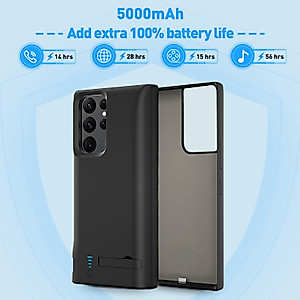 Galaxy S22 Ultra Battery Case, 5000mAh Extended Phone Charging Case & Kickstand & Dual Device Charging, Rechargeable Backup Charger Case for Samsung S22 Ultra 5g(6.8") Black