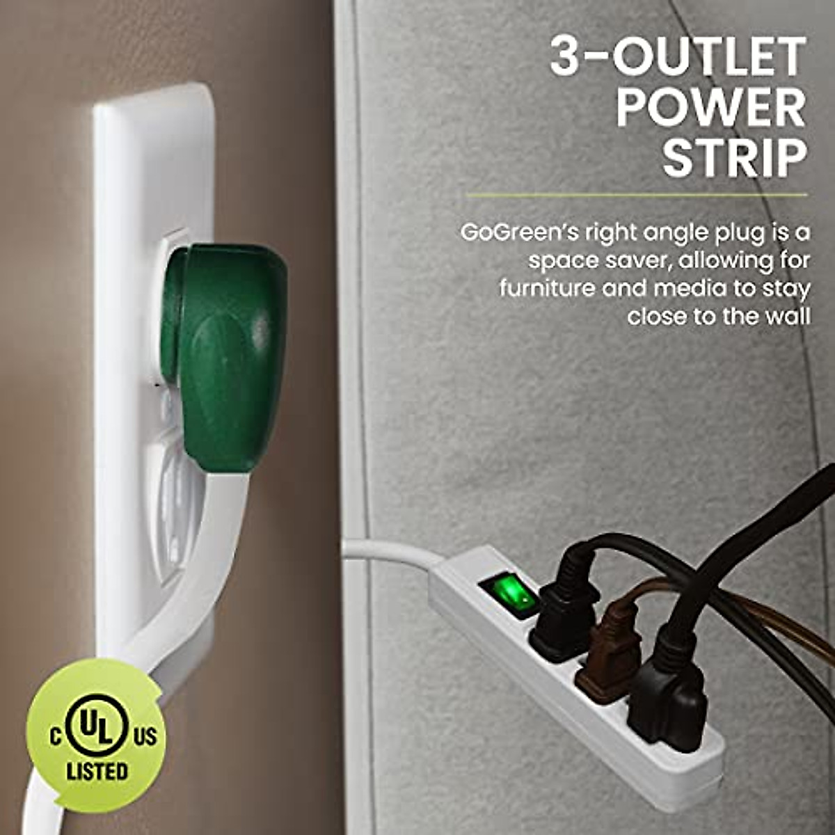 GoGreen Power (GG-13002MS) 3 Outlet Power Strip, White, 2.5 Ft Cord