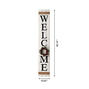 Glitzhome Welcome Sign for Front Door Porch Rustic Farmhouse Wooden Hanging Wall Decor with Interchangeable Floral Wreath, 60" H, White