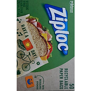 Ziploc Paper Sandwich and Snack Bags, Recyclable & Sealable with Fun Designs, 50 Bags Total