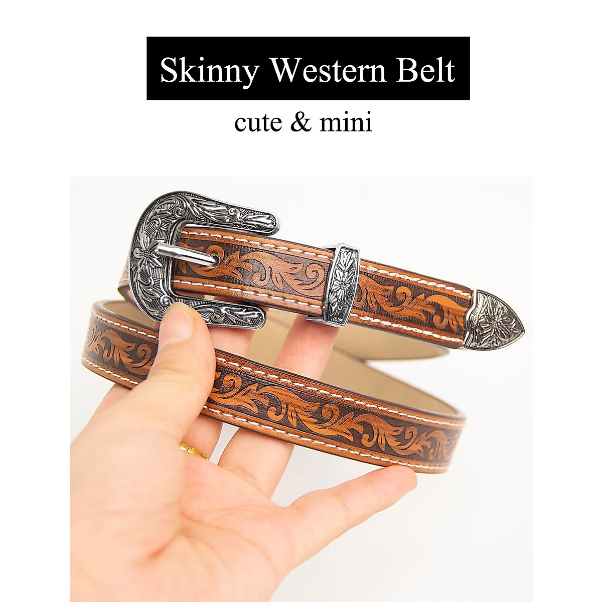 TOPACC Girls Western Belts for Women Brown Cowgirl Belt Cowboy Floral Embossed Thin Skinny Belt for Jeans Dresses Country Concert Outfit