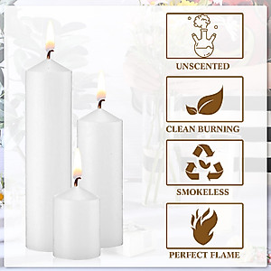 MTLEE 36 Pcs Pillar Candles Bulk Set of 3 Long Burning Wax Pillar Candles 2 in x 3, 6, 8 Inch Dripless Unscented Smokeless Candles for Wedding Party Spa Lantern Fireplace Home(White)