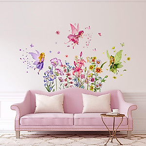Supzone Flower Fairy Wall Stickers Butterfly Girl Wall Decals Removable Vinyl Wall Art Sticker for Girls Baby Nursery Kids Bedroom Living Room Bathroom Wall Decor Mural