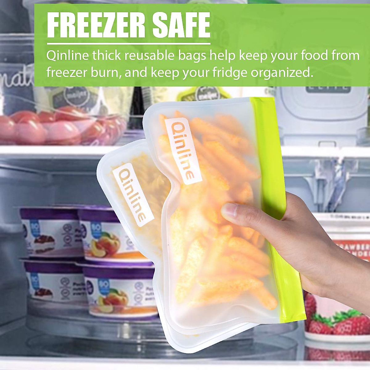 Qinline Reusable Food Storage Bags - 24 Pack BPA FREE Flat Freezer Bags(8 Reusable Gallon Bags + 8 Leakproof Reusable Sandwich Bags + 8 Food Grade Kids Snack Bags)
