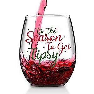 This the Season to Get Tipsy Christmas Stemless Wine Glass, Set of 4 Christmas Wine Glasses, Gift ideas for Christmas Holiday Wedding, Funny Wine Glasses for Women Friends Men family Wino, 15 Oz