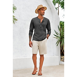 Mens Distressed Henley Shirts Vintage Long Sleeve Tee Shirts Casual Button Down Washed T-Shirts for Men Grey