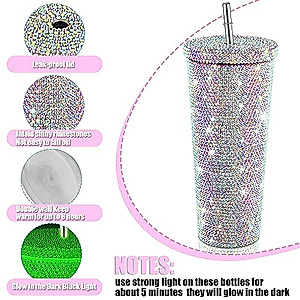 Bokon Bling Diamond Tumbler Christmas Gift for Women Glow in The Dark Rhinestone Tumbler with Lid Straw Glitter Water Bottle Cup Stainless Steel Double Wall Tumbler(Silver, 25.4 oz)
