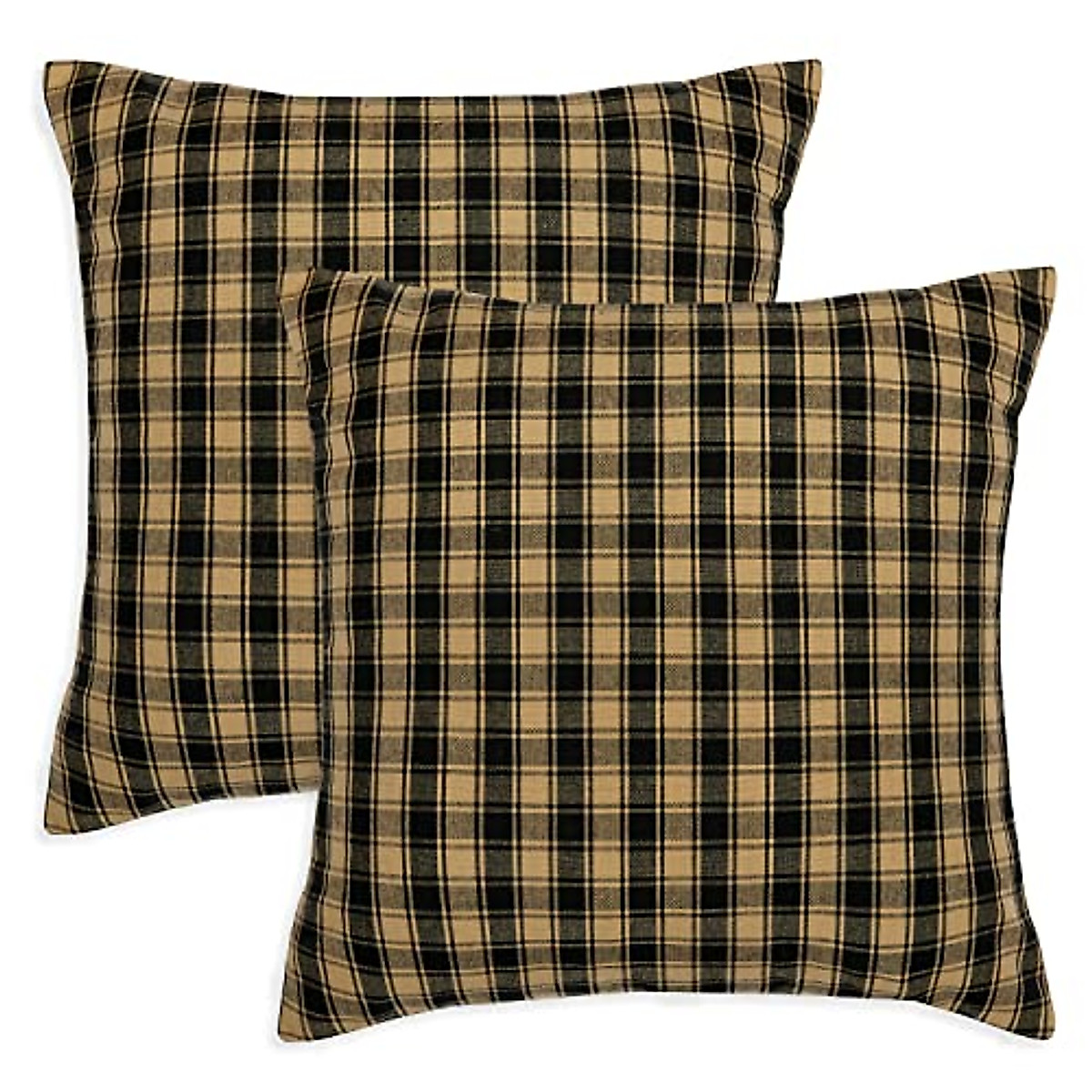 Cackleberry Home Black and Tan French Check Decorative Square Throw Pillow Case Covers Woven Cotton 18 x 18 Inches, Set of 2