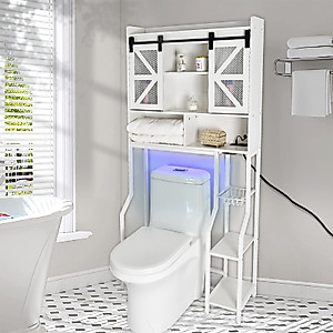 CHANFOK Over The Toilet Storage Cabinet, Storage Cabinet Over Toilet with 2 Barn Door and Toilet Paper Holder Stand,RGB Light Strip,Home Space-Saving Toilet Rack, for Bathroom, Restroom, Laundry