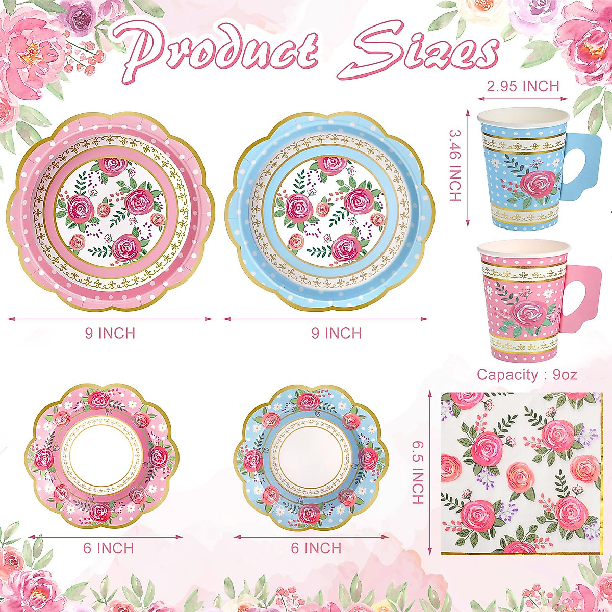 200 Pcs Disposable Tea Party Cups and Saucers Set, 50 Guests Floral Tea Party Supplies Include 9 oz Paper Tea Cups with Handle, 9 Inch Paper Plates, Saucers Napkins for Tea Party Birthday Wedding