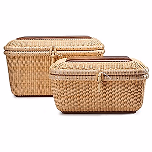 Teng Tian Nantucket baskets Rectangular Handwoven rattan Storage Basket Set with Lid for Shelves and Home Organizer Bins (2-Size Kit)