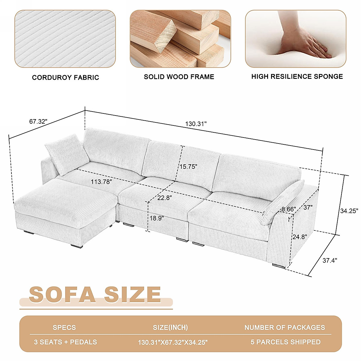 130" Oversized Sectional Sofa,Ultra-Soft L Shaped Couch for Living Room,Cloud Modular Sofa Couch with Zipper Back&Seat Cushion,Deep 4 Seat Sofa Sleeper with Movable Ottoman and Two Pillows(Beige)
