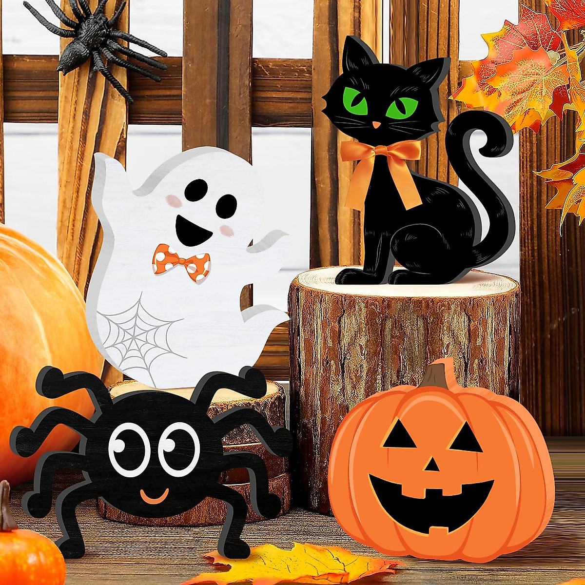 Halloween Wooden Signs Pumpkin Decor, 4PCS Halloween Table Signs Pumpkin Ghost Spider Black Cat Freestanding Rustic Decorative Signs, Halloween Tiered Tray Centerpiece Indoor Decorations for Home