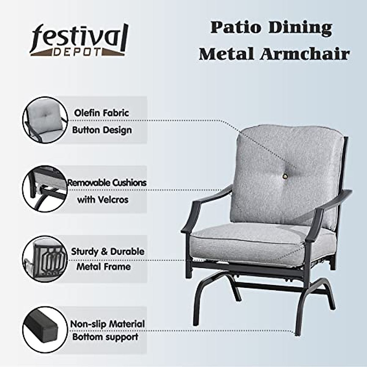 Festival Depot Patio Dining Chair Set of 2 Metal Armchairs with Thick Cushions Outdoor Furniture for Bistro Garden (Grey)