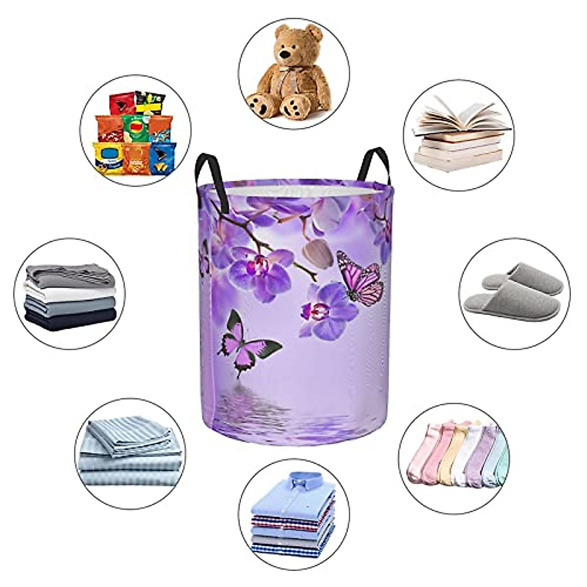 FeHuew Purple Flowers Butterfly on Water Collapsible Laundry Basket with Handle Waterproof Fabric Hamper Laundry Storage Baskets Organizer Large Bins for Dirty Clothes,toys,Bathroom