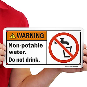 SmartSign - S-9885-AL-05x10 "Warning - Non-Potable Water, Do Not Drink" Sign | 5" x 10" Aluminum Black/Orange/Red/Yellow on White