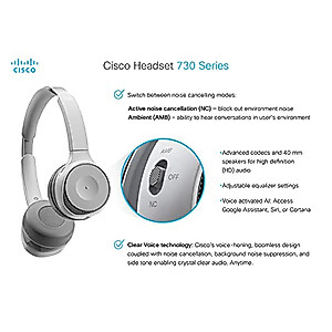 Cisco Headset 730, Wireless Dual On-Ear Bluetooth Headset with Case, USB-A HD Bluetooth Adapter, USB-A and 3.5mm Cables, Carbon Black, 1-Year Limited Liability Warranty (HS-WL-730-BUNA-C) (Renewed)