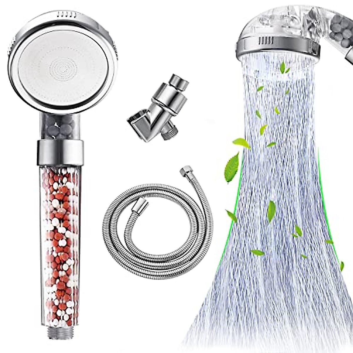 AmasSmile® High Pressure Shower Head with 59” Hose and Bracket, Ionic Filter Filtration Vortex Turbo Water Saving 3 Mode Function Spray Turbocharged Hydro Jet Handheld Showerheads for Dry Skin & Hair