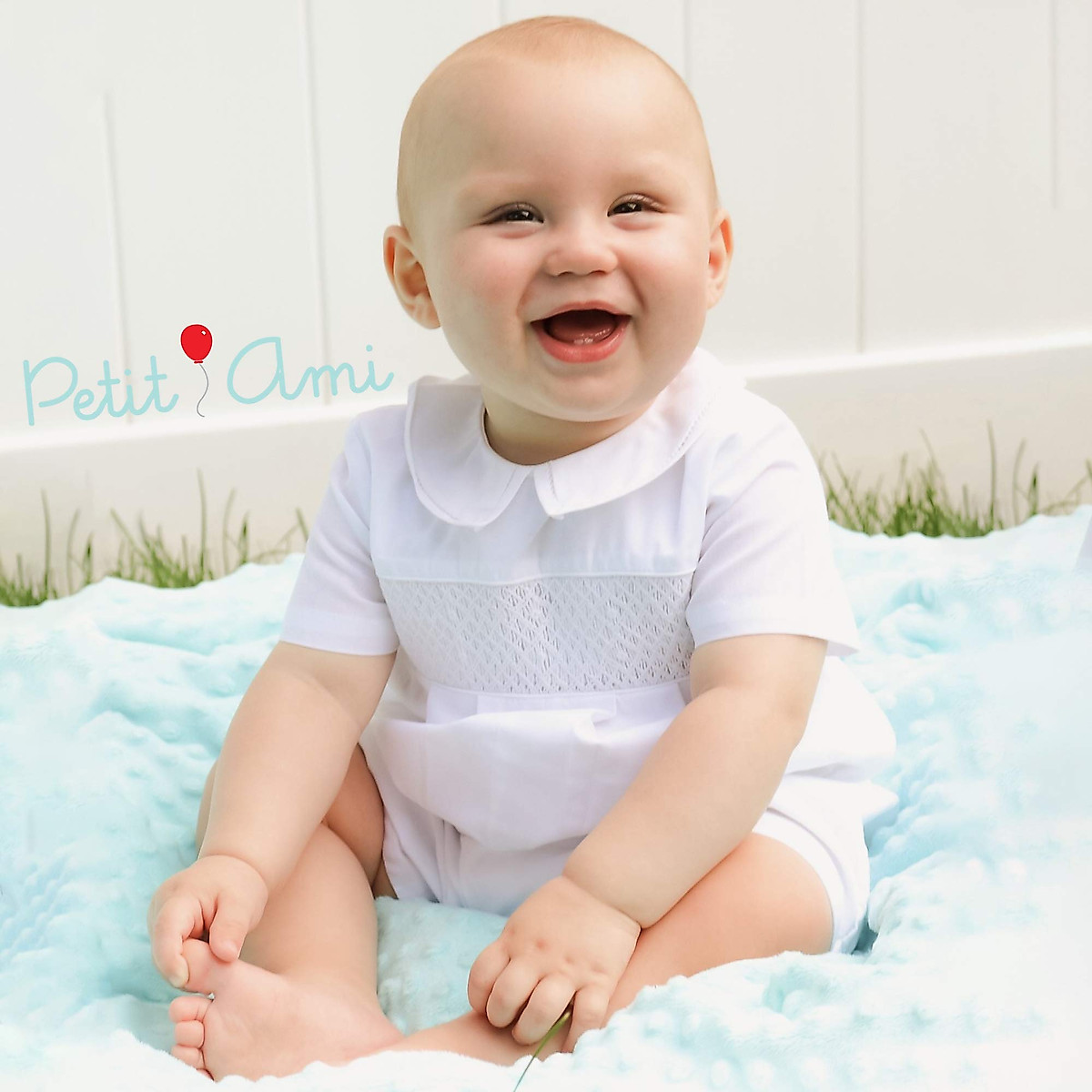 Petit Ami Baby Boys' Square Collar Romper with Train Embroidery, 6 Months, Blue