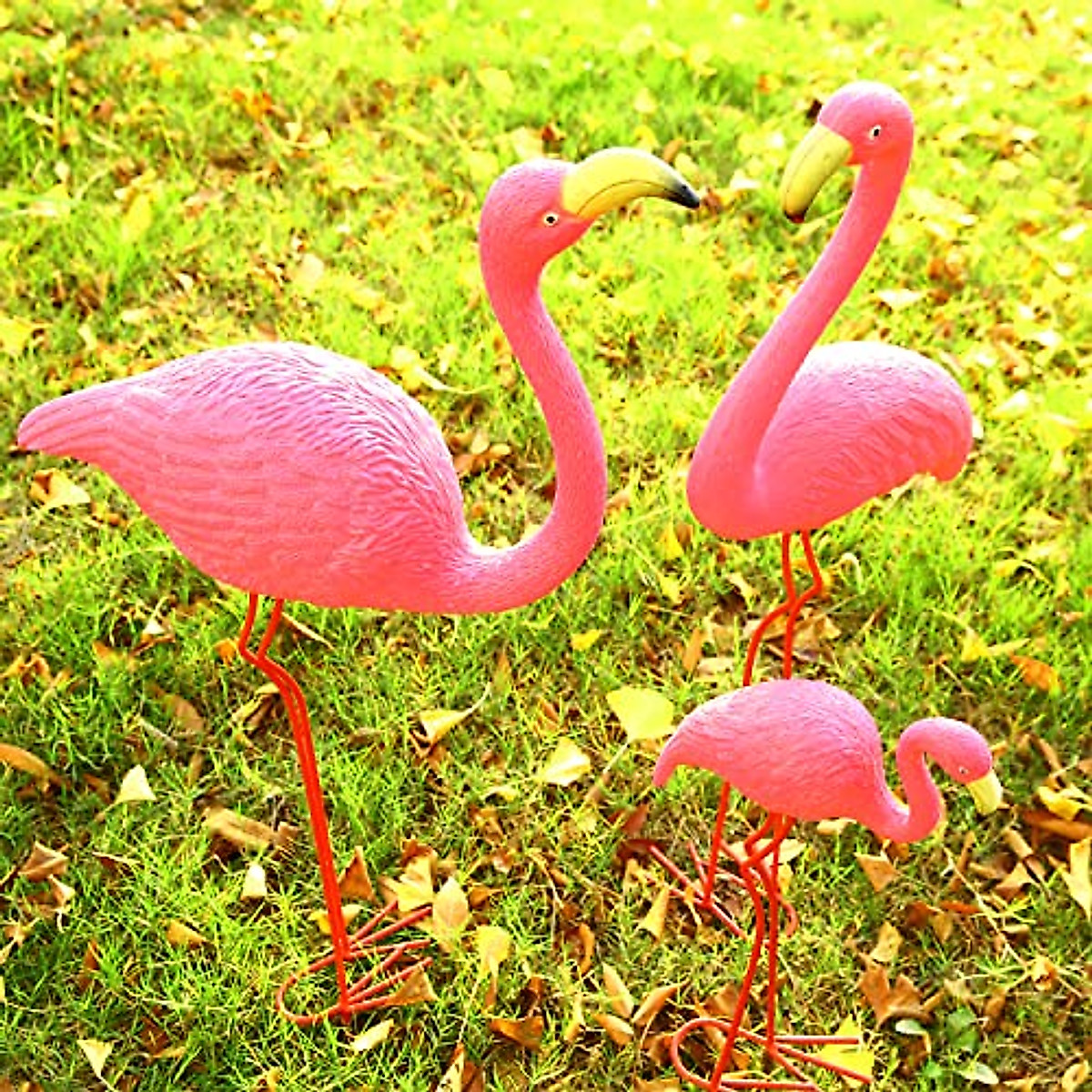 Ohuhu Family Flamingo Yard Ornaments, Set of 3 (32", 31", 19") Bright Pink Flamingos Ornaments with Metal Feet Stakes for Garden Yard Patio Party Decoration, Outdoor Decor Gardening Gift