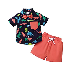 SUNNY PIGGY Toddler Baby Boy Clothes Button Down Shirt Boy Clothes Little Dinosaur Printed Baby Boy Outfits Shorts Set Summer Baby Boy’s Clothing 18-24 Months Red