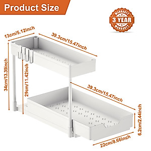 Under Kitchen Sink Organizers and Storage L-Shape Easy Assembly,Under Sink Organizer Kitchen Durable Pull-Out with Sliding Drawer,Bathroom Sink Organizer Large Capacity with Hooks,2 Pack,White