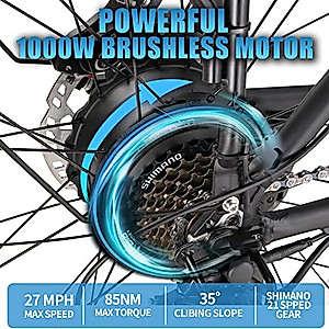 KETELES K800 1000W Electric Bike Man, 17.5AH Battery Powerful Motor Electric Beach Snow Bicycle Hydraulic Disc Brake Electric City Bike Up to 27MPH All Terrain 26'' Fat Tire Ebikes Adults Black/blue