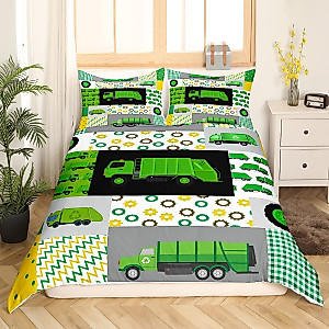 Green Garbage Truck Comforter Cover Powered Waste Management Recycling Truck Duvet Cover for Kids Boys Girls Car Room Decor Bedclothes Full Size (No Comforter)