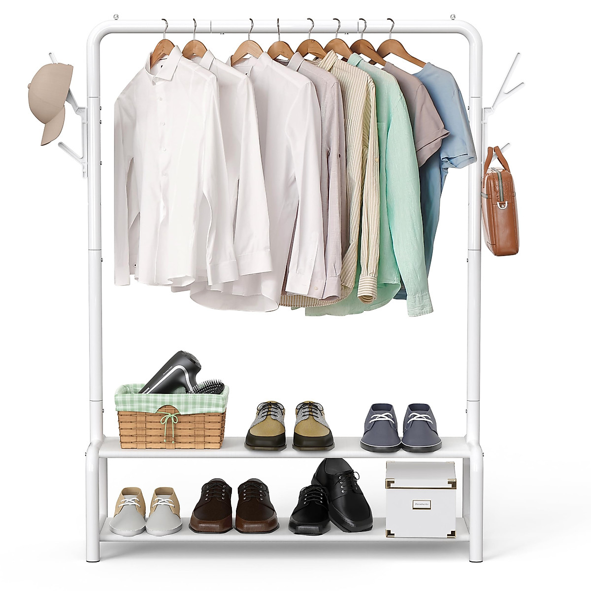 Simple Houseware Garment Rack with Storage Shelves and Coat/Hat Hanging Hooks, White